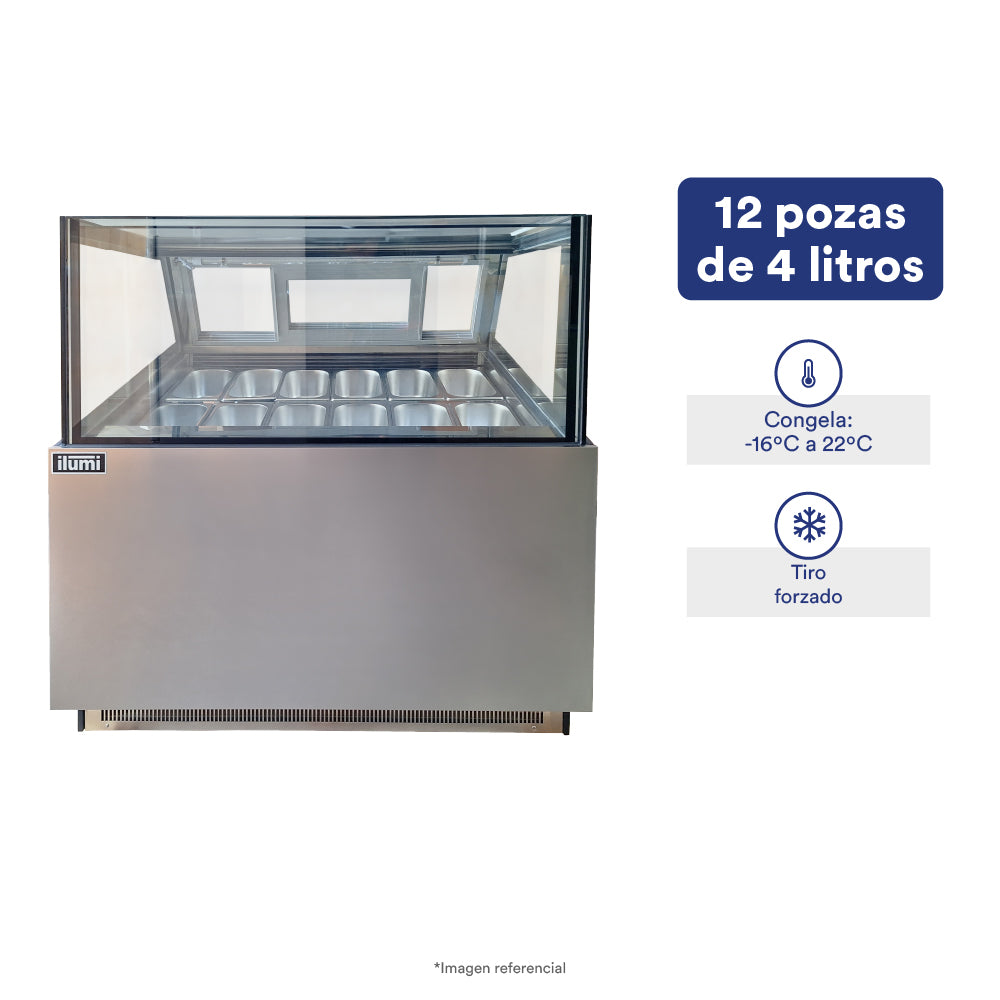 Congelador heladero premium con 12 pozas de vidrio plano – Ilumi Perú